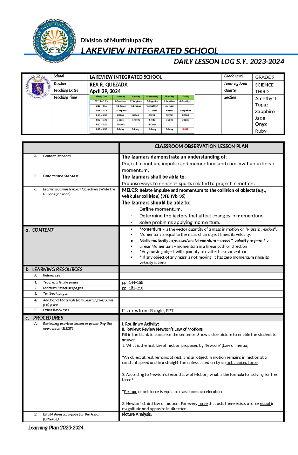 DLP CO4-Momentum - Lesson - Division of Muntinlupa City LAKEVIEW ...