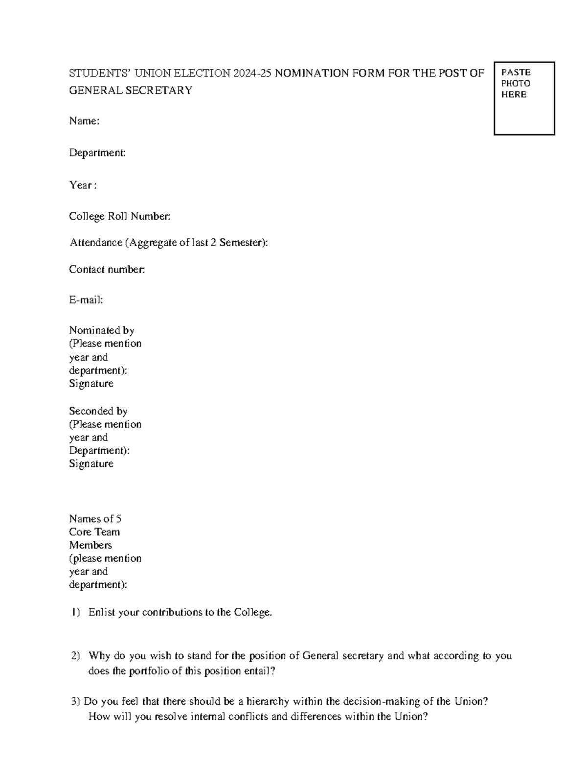 General Secretary Nomination FORM 2024-25 - STUDENTS’ UNION ELECTION ...