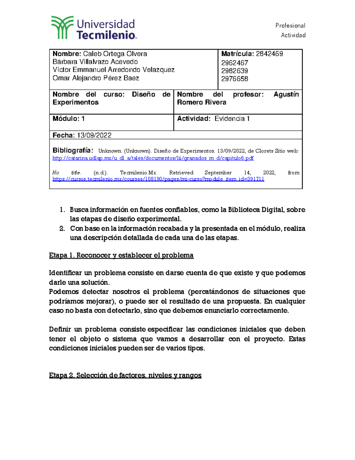 Evidencia 1 Diseño de Experimentos - Actividad Nombre: Caleb Ortega ...