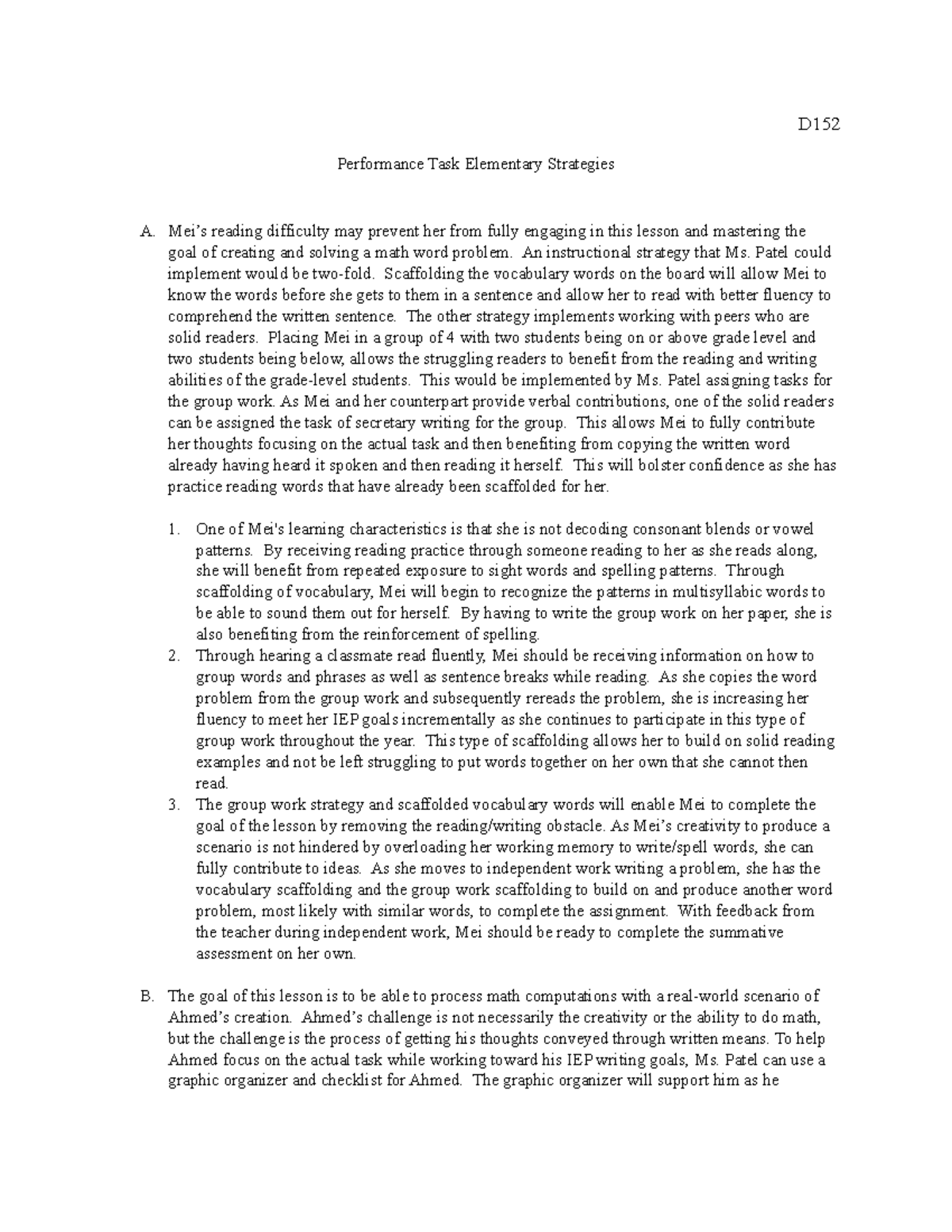 Elementary Strategies Performance Task - D Performance Task Elementary ...