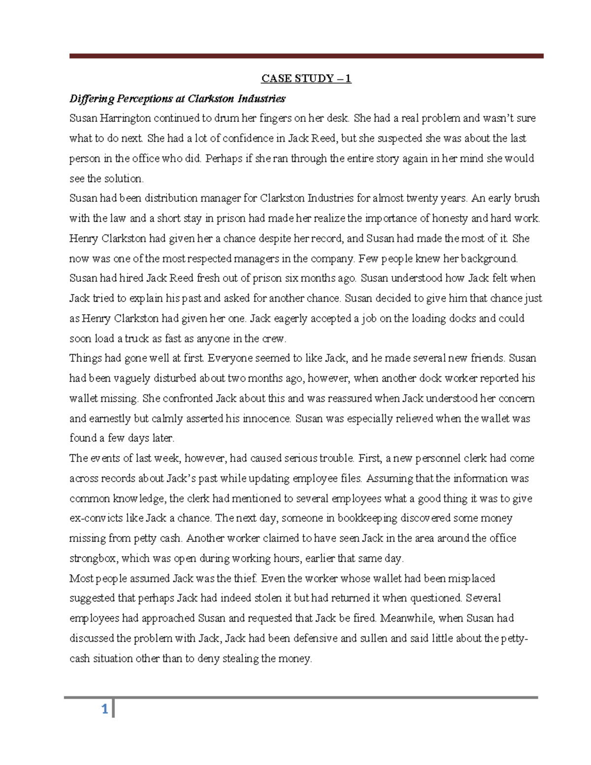 Case study for OB - CASE STUDY – 1 Differing Perceptions at Clarkston ...