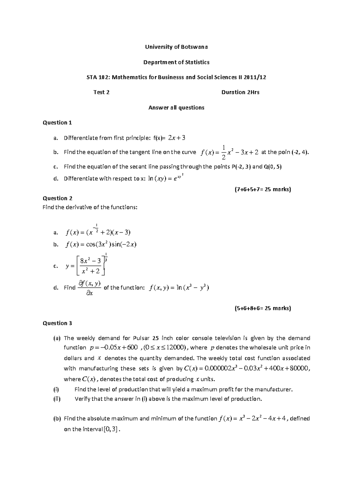 TEST 2 STA 102 - University of Botswana Department of Statistics STA ...