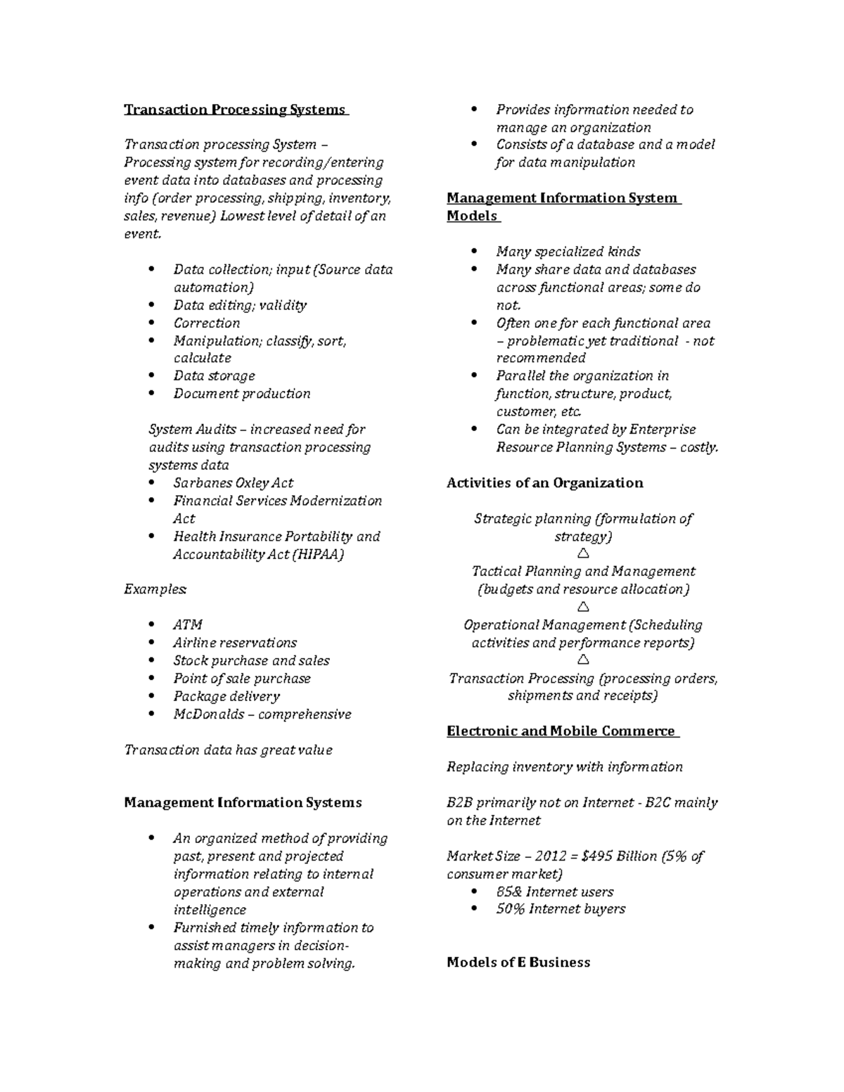 Management Info Sys. Notes Part 2 - Transaction Processing Systems ...