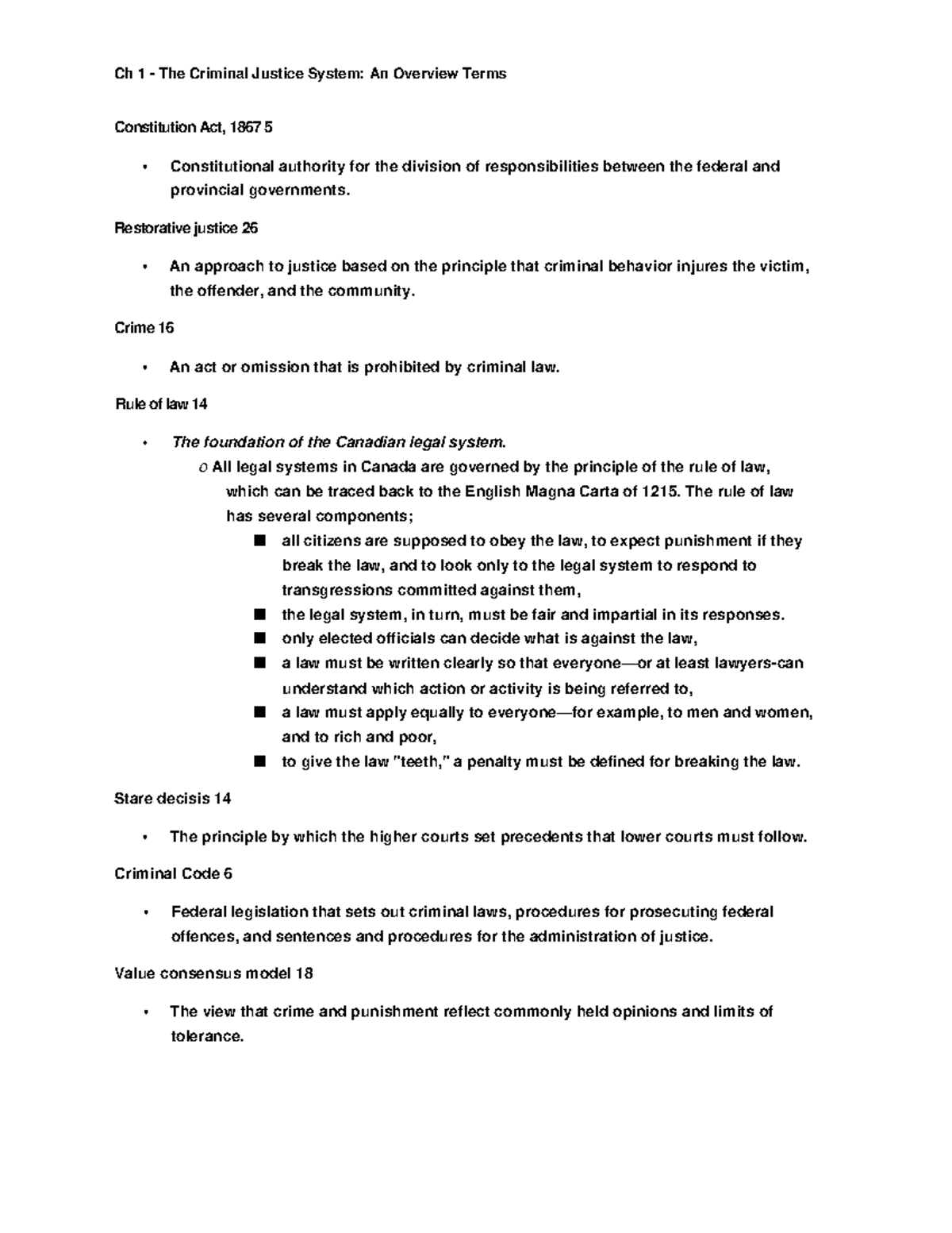 Mid Term Terms - Summary Canadian Criminal Justice - Ch 1 The Criminal ...