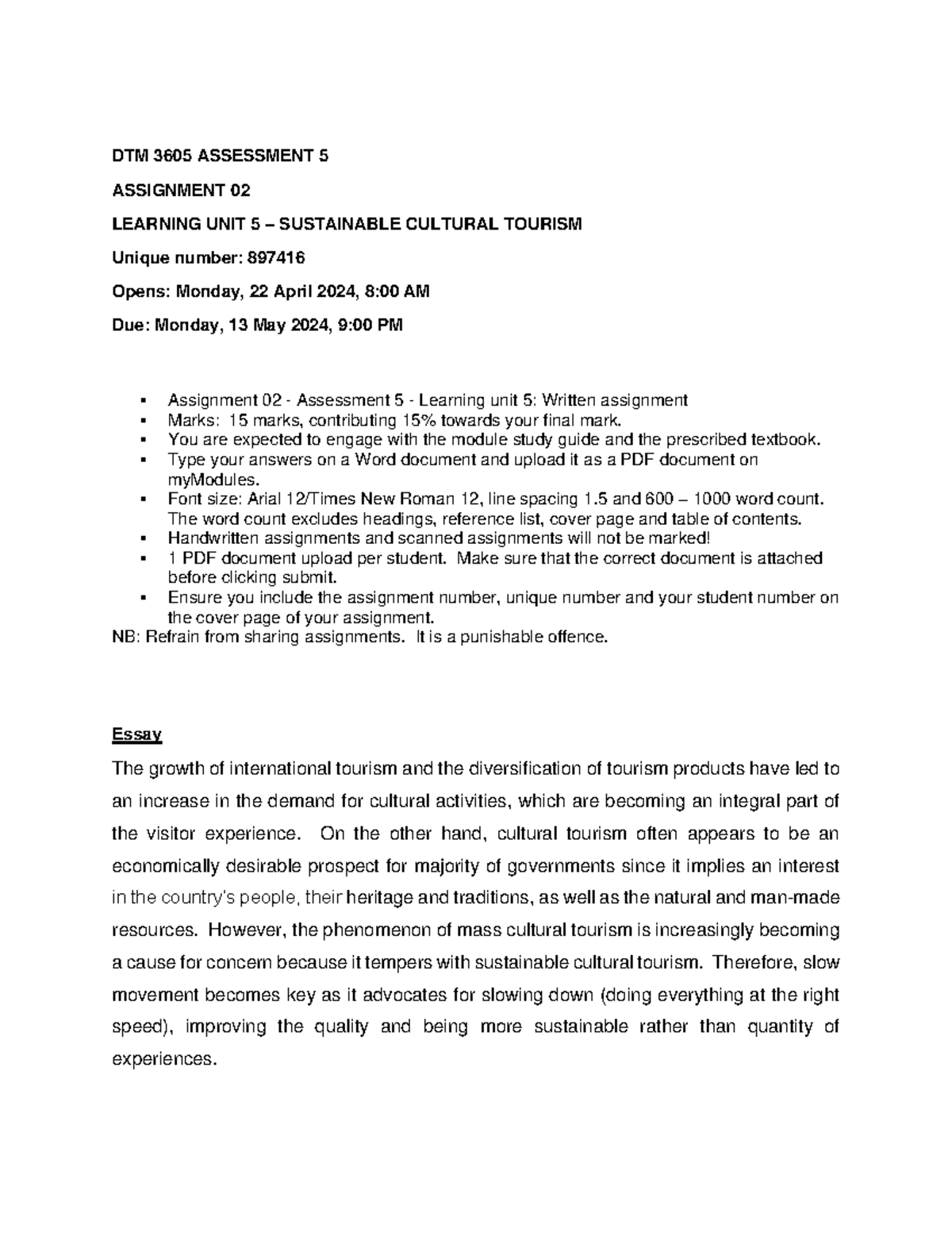 Assessment 5 - DTM3605 - DTM 3 605 ASSESSMENT 5 ASSIGNMENT 02 LEARNING ...