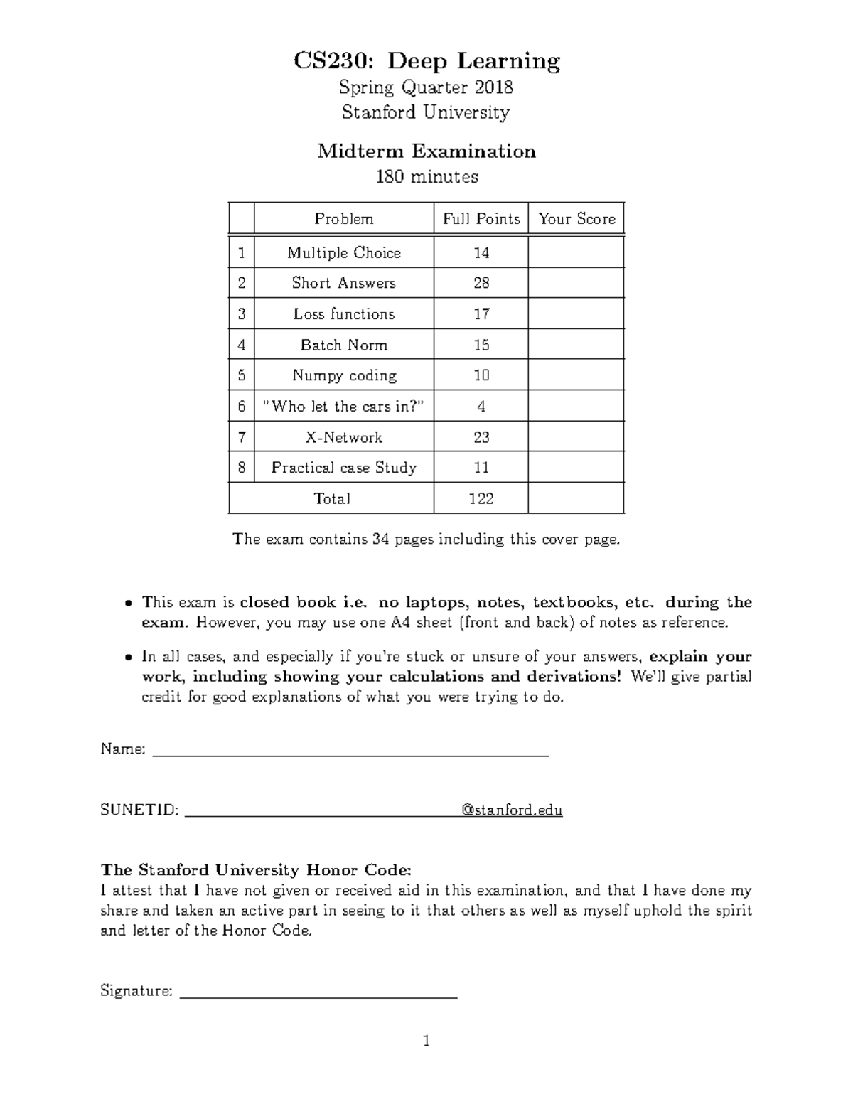 Cs230 Spring 2018 Soln Past Exam Cs230 Deep Learning Spring Quarter 2018 Stanford