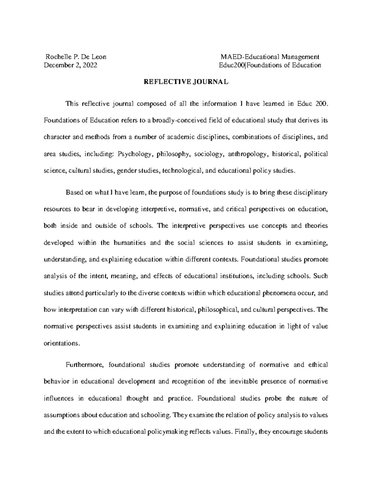 (Reflective journal - Rochelle P. De Leon MAED-Educational Management ...