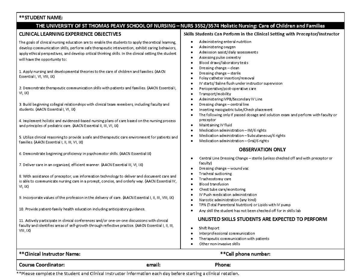 Peds Clinical Learning Experience-Objectives-1 - **STUDENT NAME: THE ...