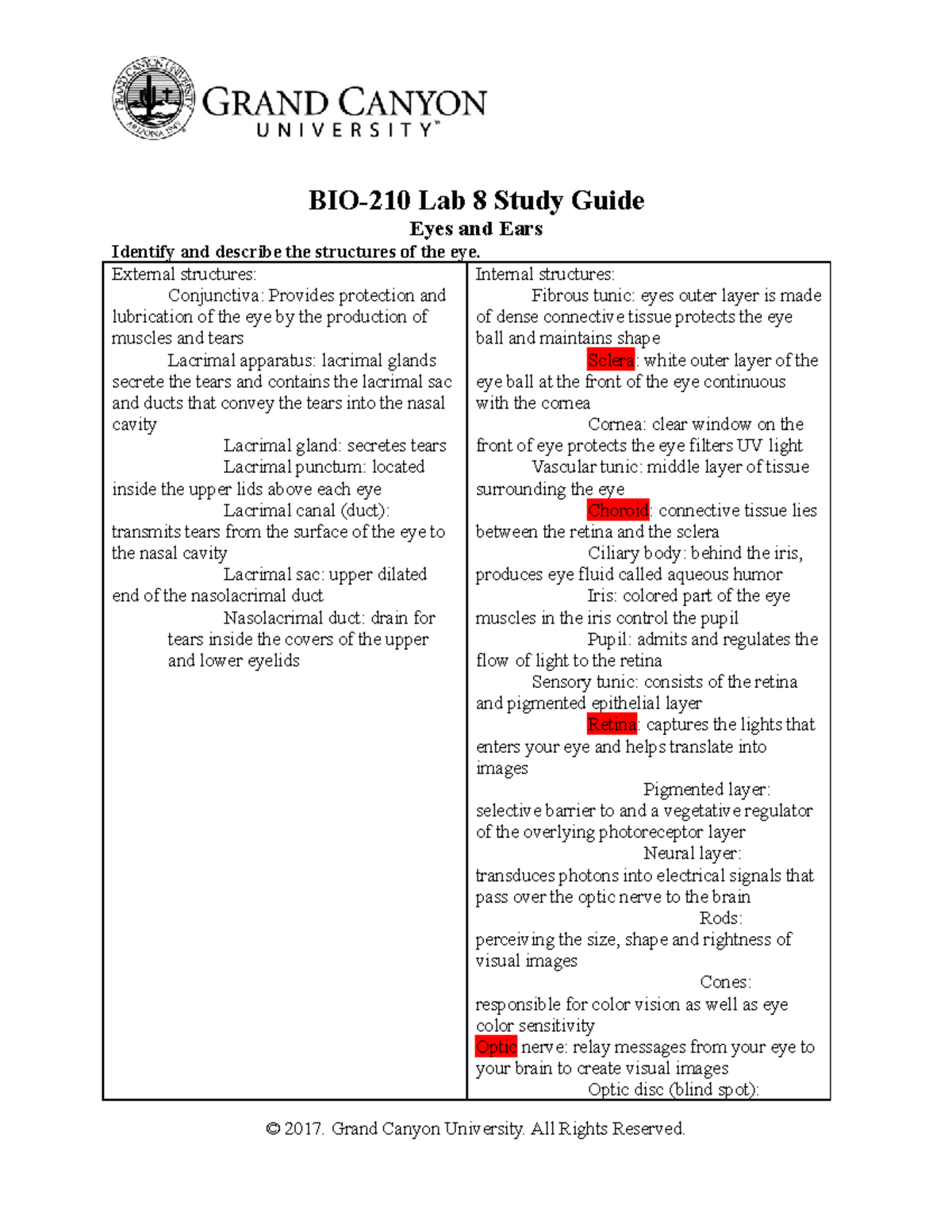 BIO-210L-Lab8 Eyes and Ears - BIO-210 Lab 8 Study Guide Eyes and Ears ...