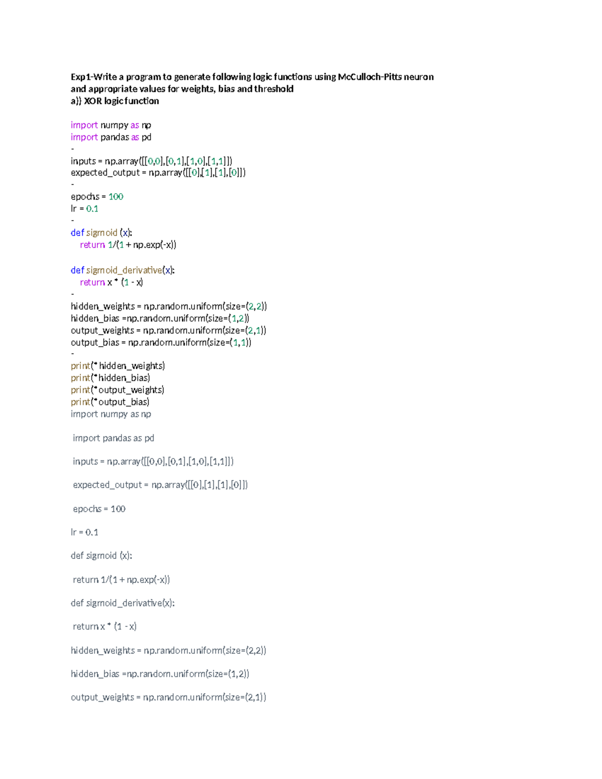 Deep learning practical - Exp1-Write a program to generate following logic functions using - Studocu