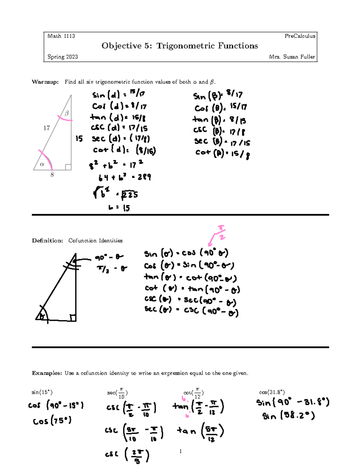 Hw5 - Notes - Math 1113 PreCalculus Objective 5: Trigonometric ...