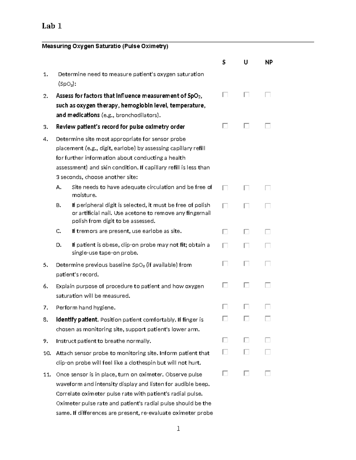 Oxygen Sat (6th ed) - procedure for vital sign - Lab 1 Measuring Oxygen ...