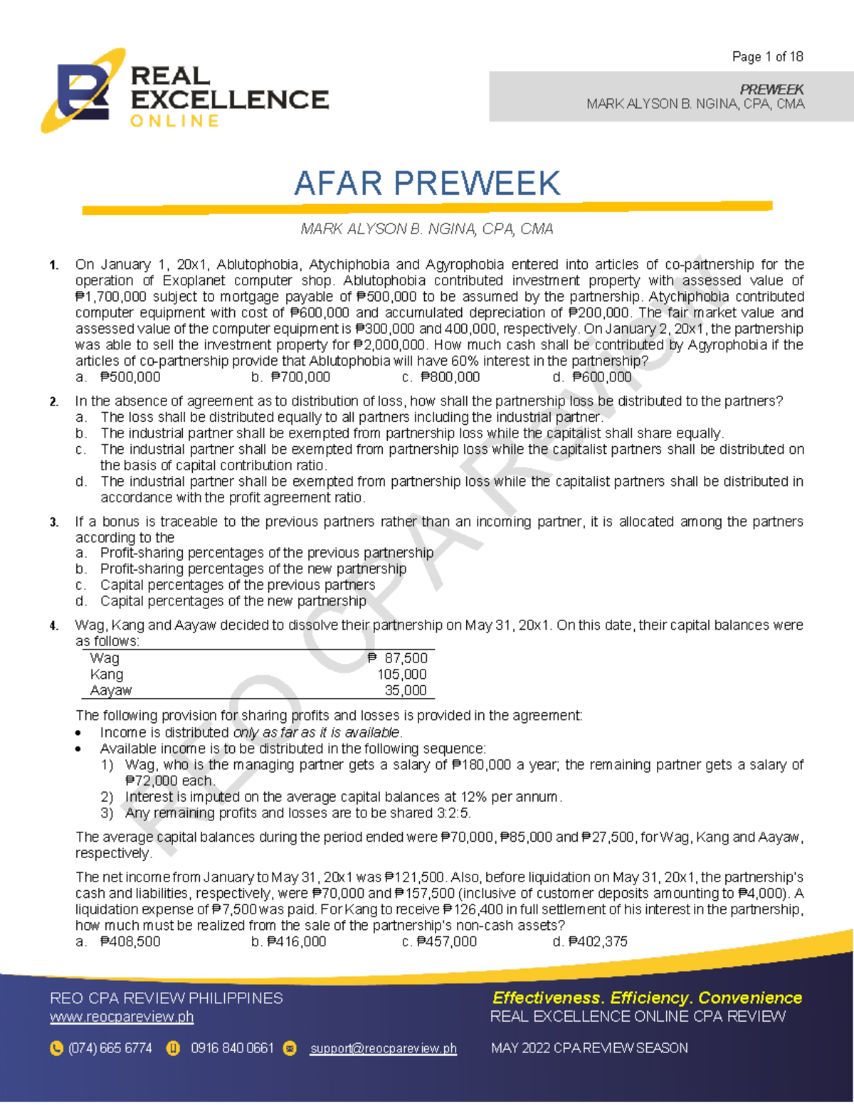 Copy of REO AFAR Pre Week 3rd Batch - REO CPA Review PREWEEK MARK ALYSON B. NGINA, CPA, CMA AFAR ...