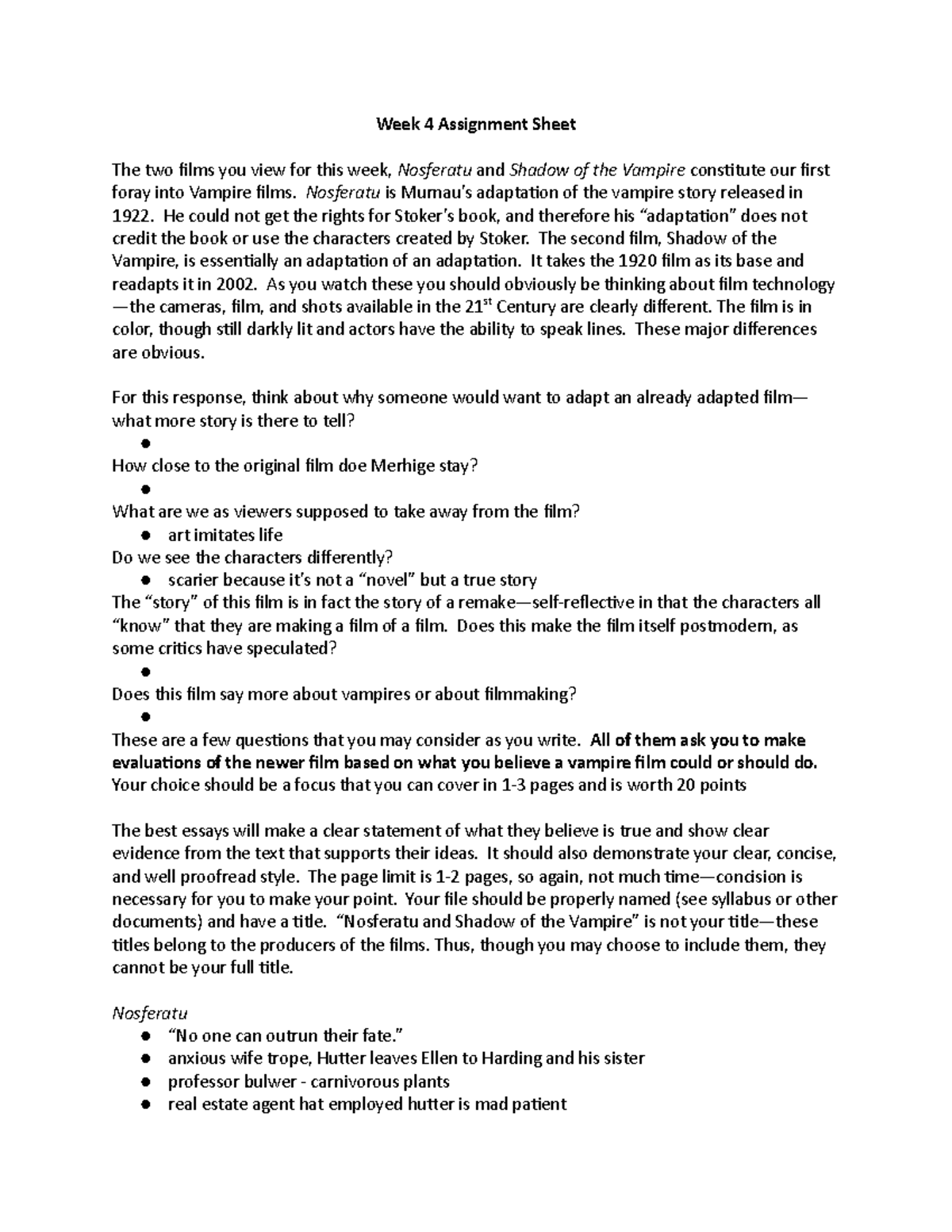 Nosferatu and Shadow of the Vampire Guide - Week 4 Assignment Sheet The ...