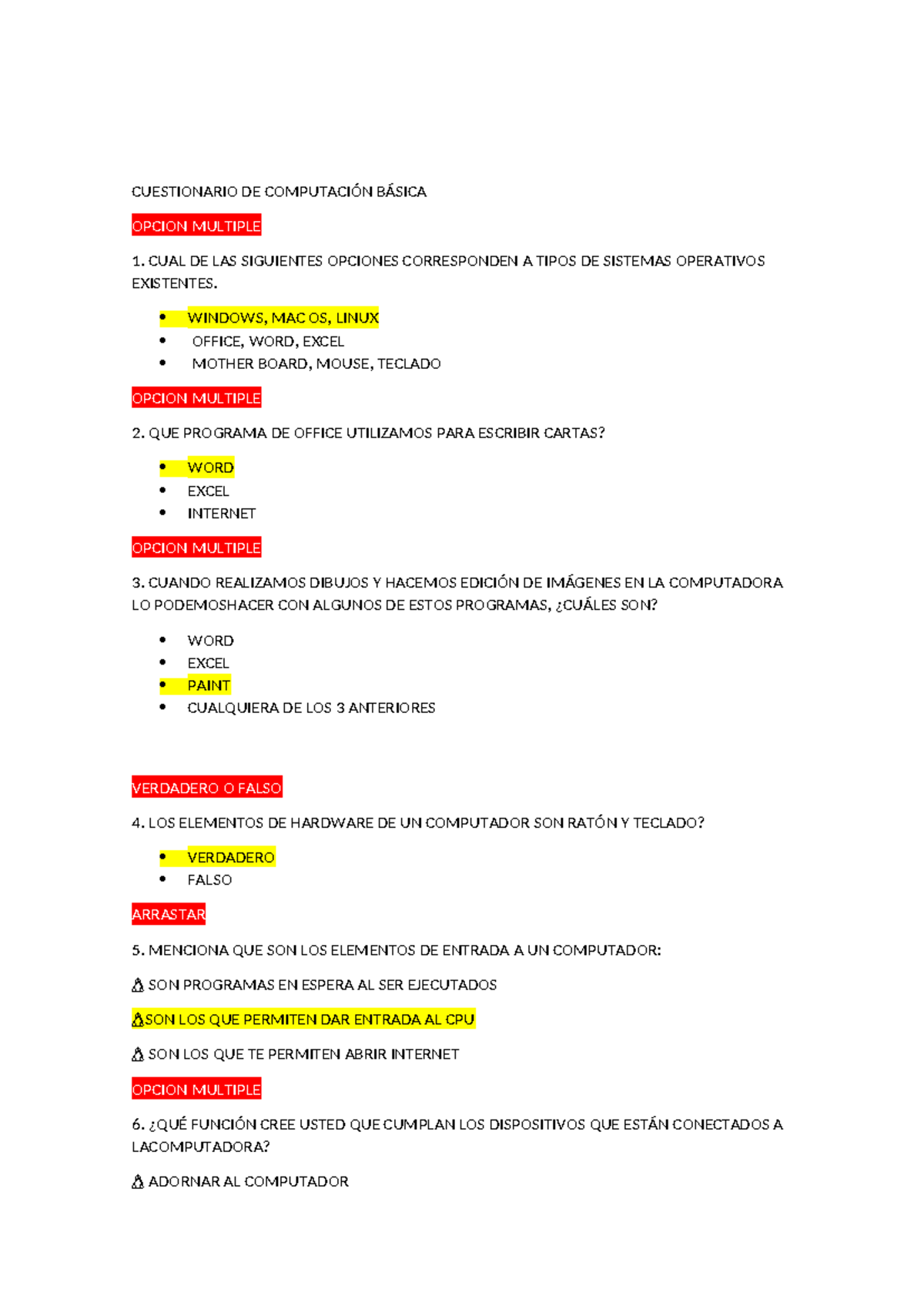 Cuestionario DE Computación Básica - CUESTIONARIO DE COMPUTACIÓN BÁSICA OPCION MULTIPLE 1. CUAL ...
