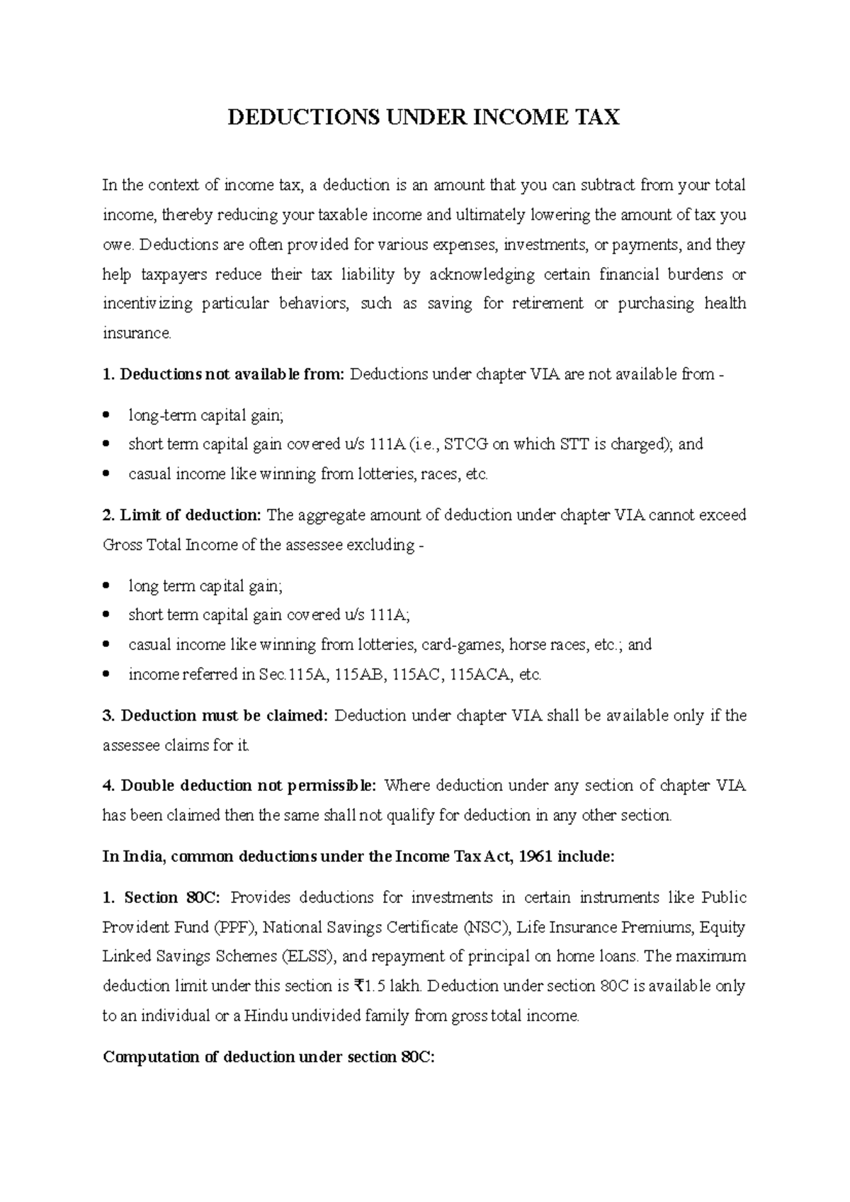 Deductions Under Income TAX - DEDUCTIONS UNDER INCOME TAX In the ...