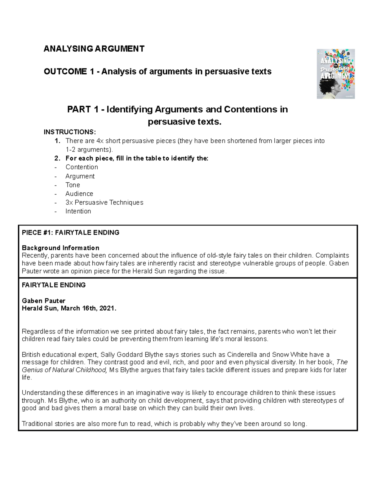 Analysing Arguments and Contentions - ANALYSING ARGUMENT OUTCOME 1 ...