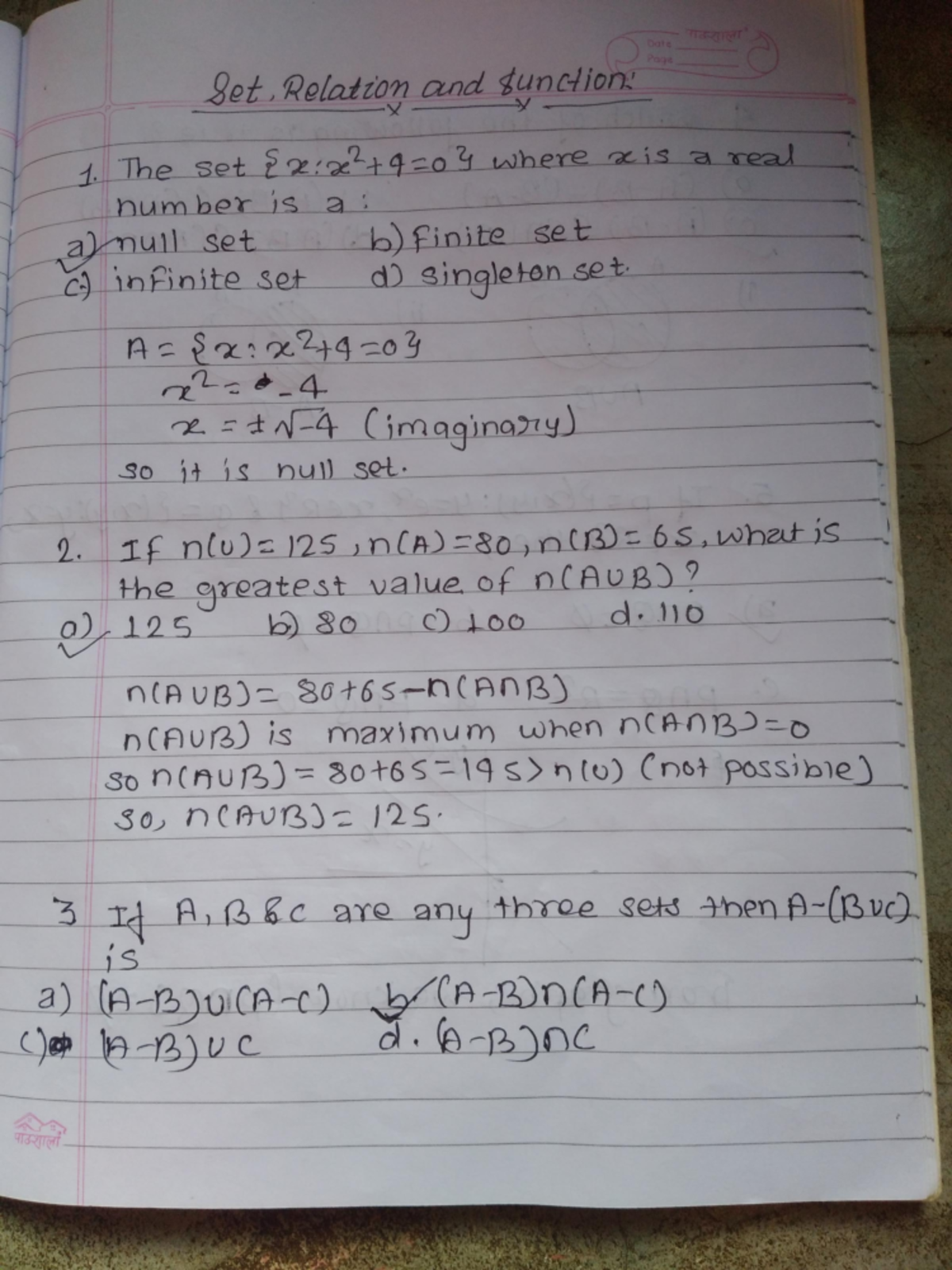Sets Relations and Functions - Date Page set Relation and function x 1. The set where xis a real ...