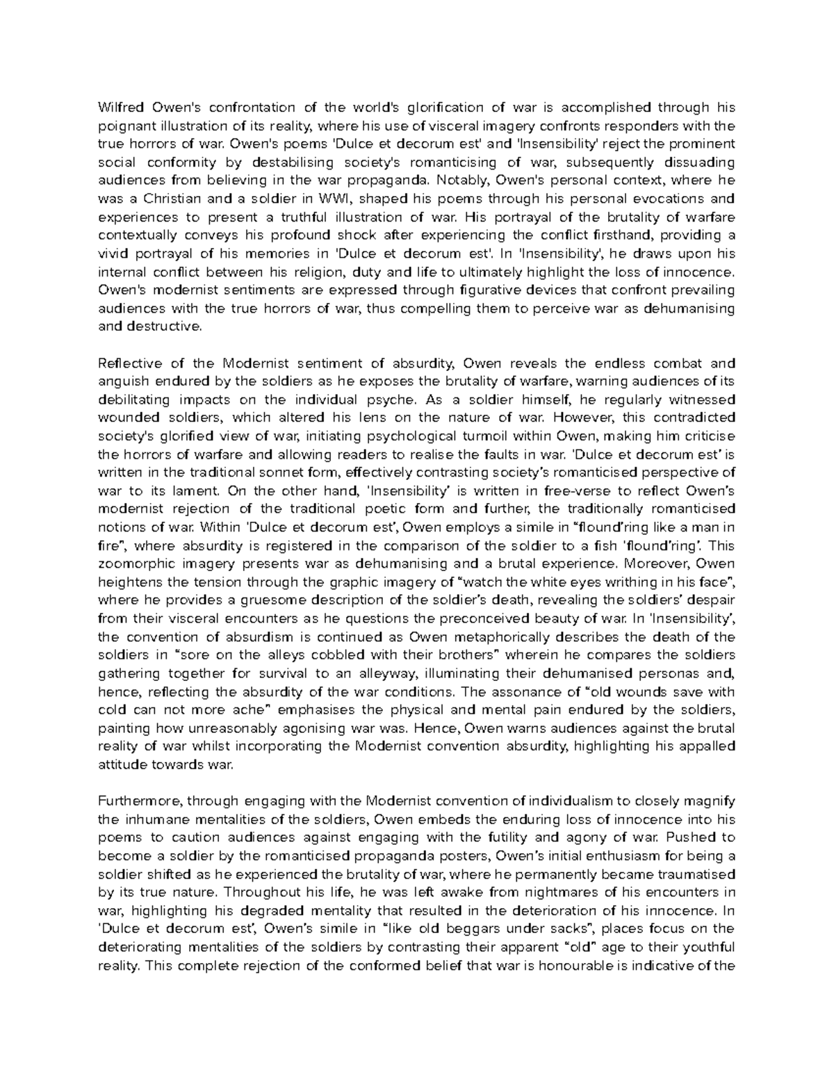Wilfred Owen poetry essay - Wilfred Owen's confrontation of the world's glorification of war is ...