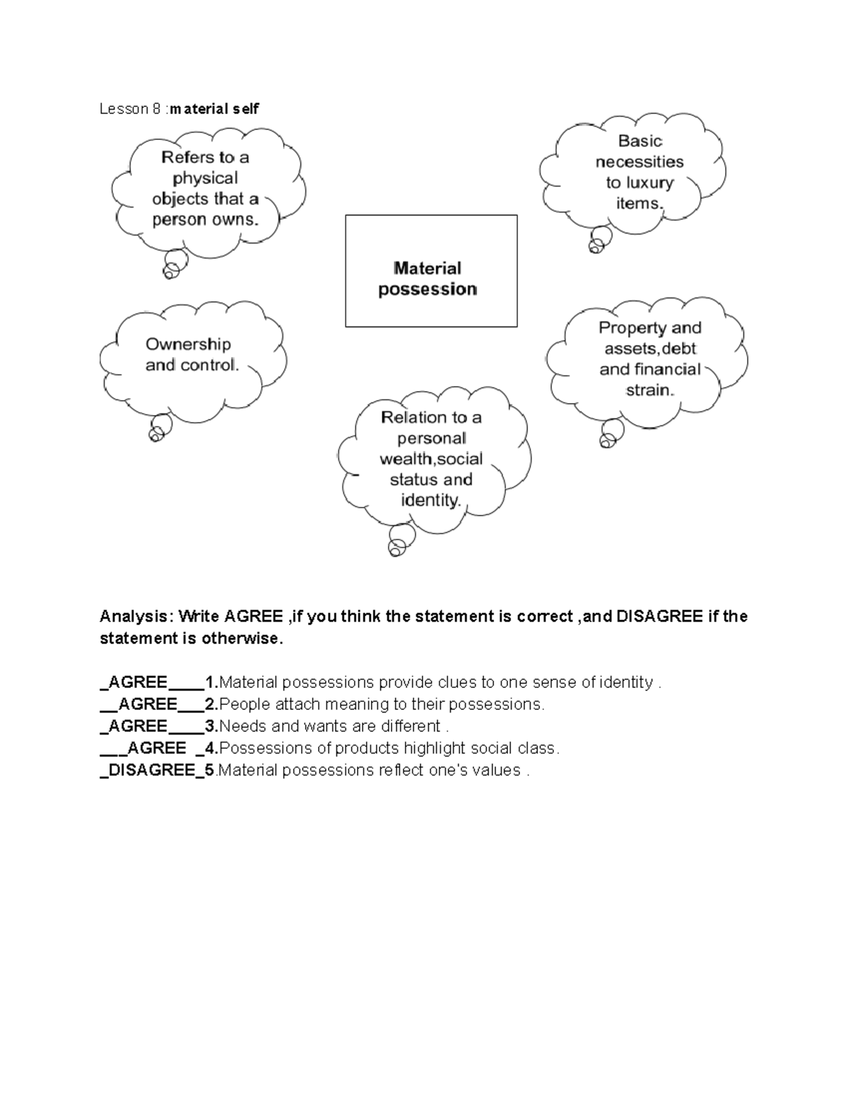 Untitled document - understanding the self - Lesson 8 :material self Analysis: Write AGREE ,if ...