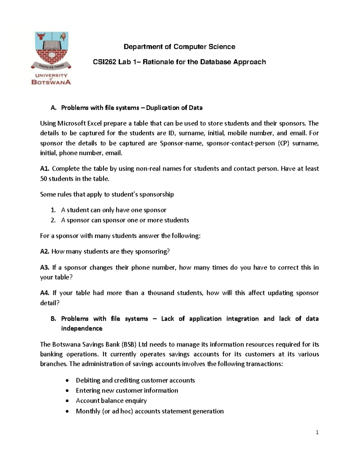 Lab 1 - Rationale for the Database Approach - Problems with file ...