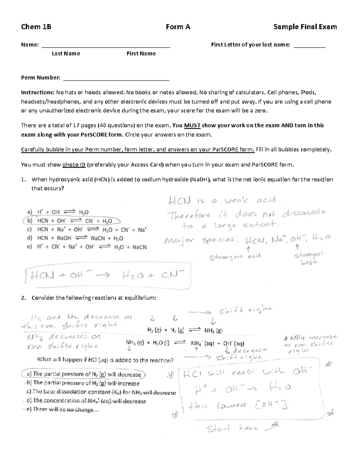 Chem 1B 40 question practice final (Solutions) - Chem 1B Form A Sample ...