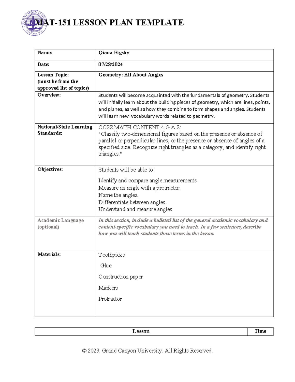 MAT-151 Lesson Plan Geometry and Angles - MAT-151 LESSON PLAN TEMPLATE ...