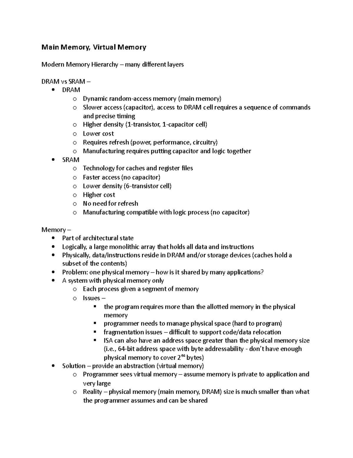 Physical/Virtual Memory - Main Memory, Virtual Memory Modern Memory ...