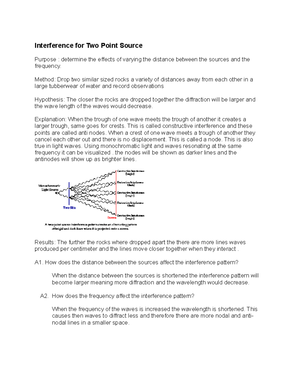 Ripple tank lab - Interference for Two Point Source Purpose : determine ...