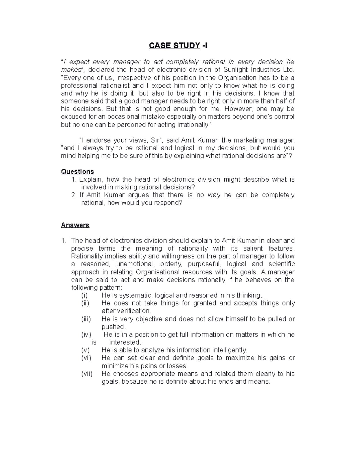 CASE Study - CASE STUDY -I “I expect every manager to act completely ...