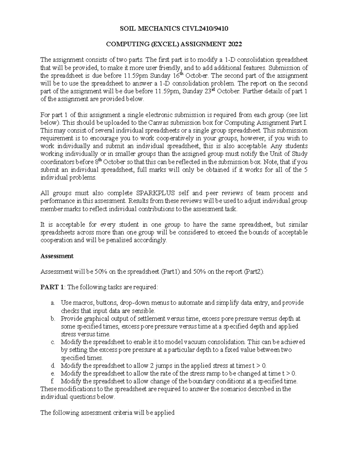 Computingassignment 22 - SOIL MECHANICS CIVL2410/ COMPUTING (EXCEL) ASSIGNMENT 2022 The ...