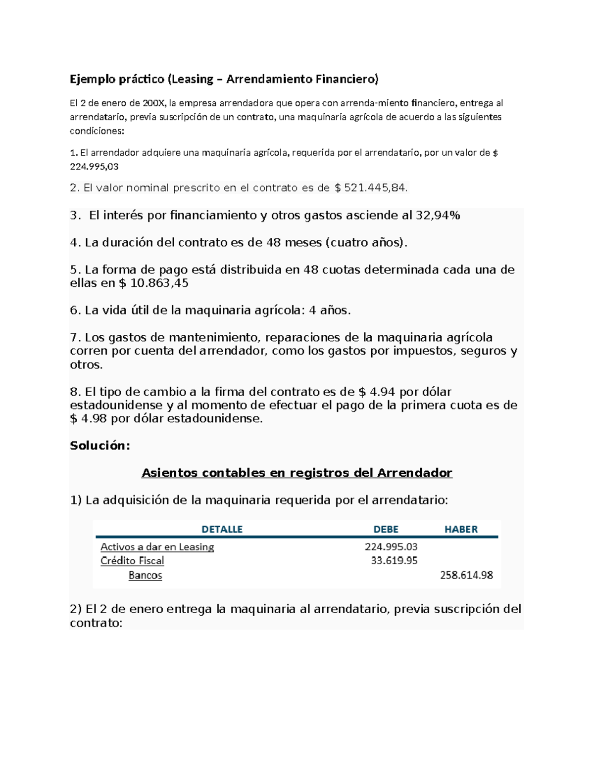 Ejemplo práctico - Arrandamiento Financiero - Ejemplo práctico (Leasing ...