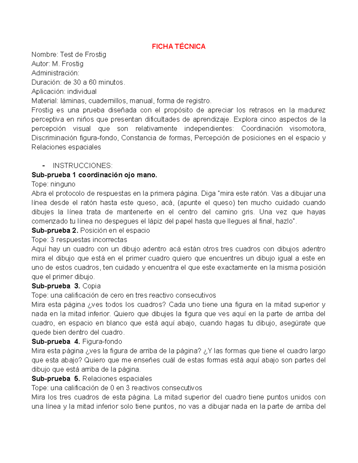 Ficha TÉcnica TEST DE Frostig - FICHA TÉCNICA Nombre: Test de Frostig ...