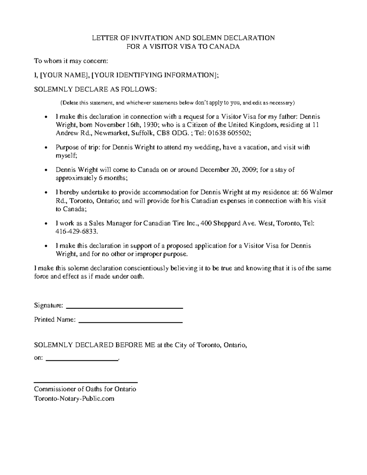 Sample Invitation Immigration LETTER OF INVITATION AND SOLEMN