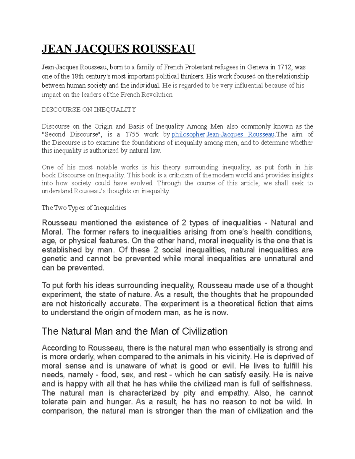 JEAN Jacques Rousseau - JEAN JACQUES ROUSSEAU Jean-Jacques Rousseau ...