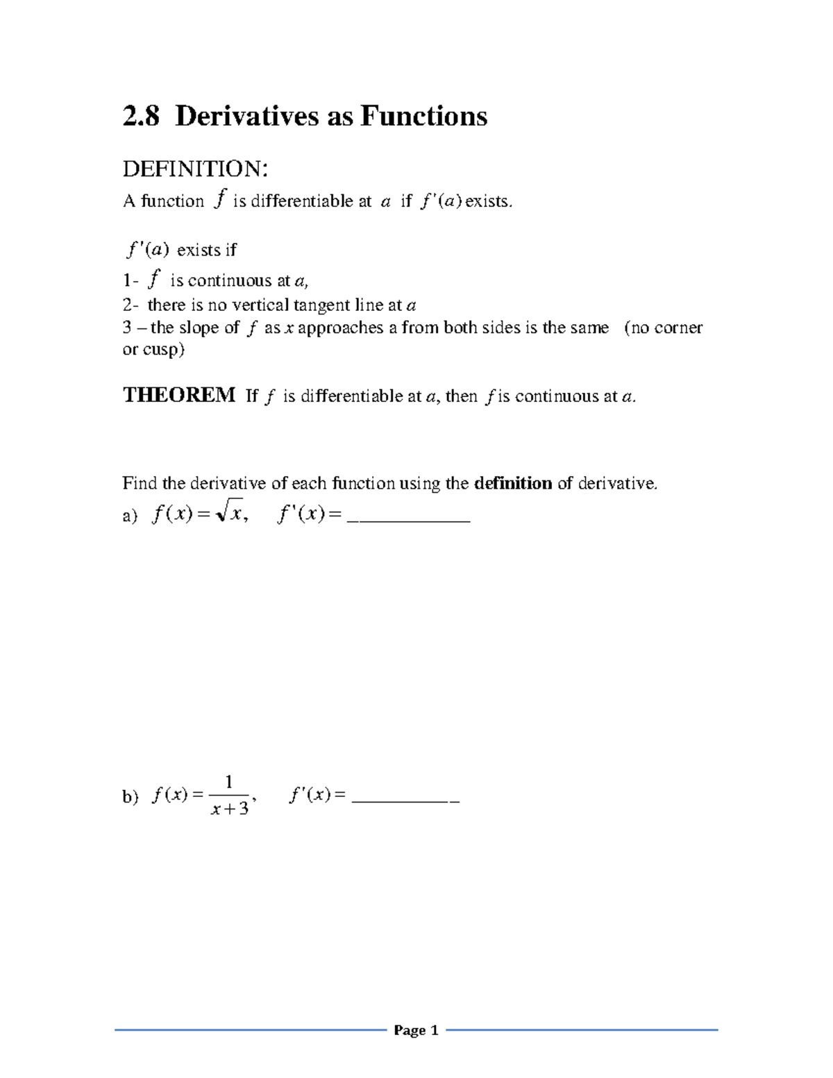 Math 151 lecture note - 2 Derivatives as Functions DEFINITION: A ...