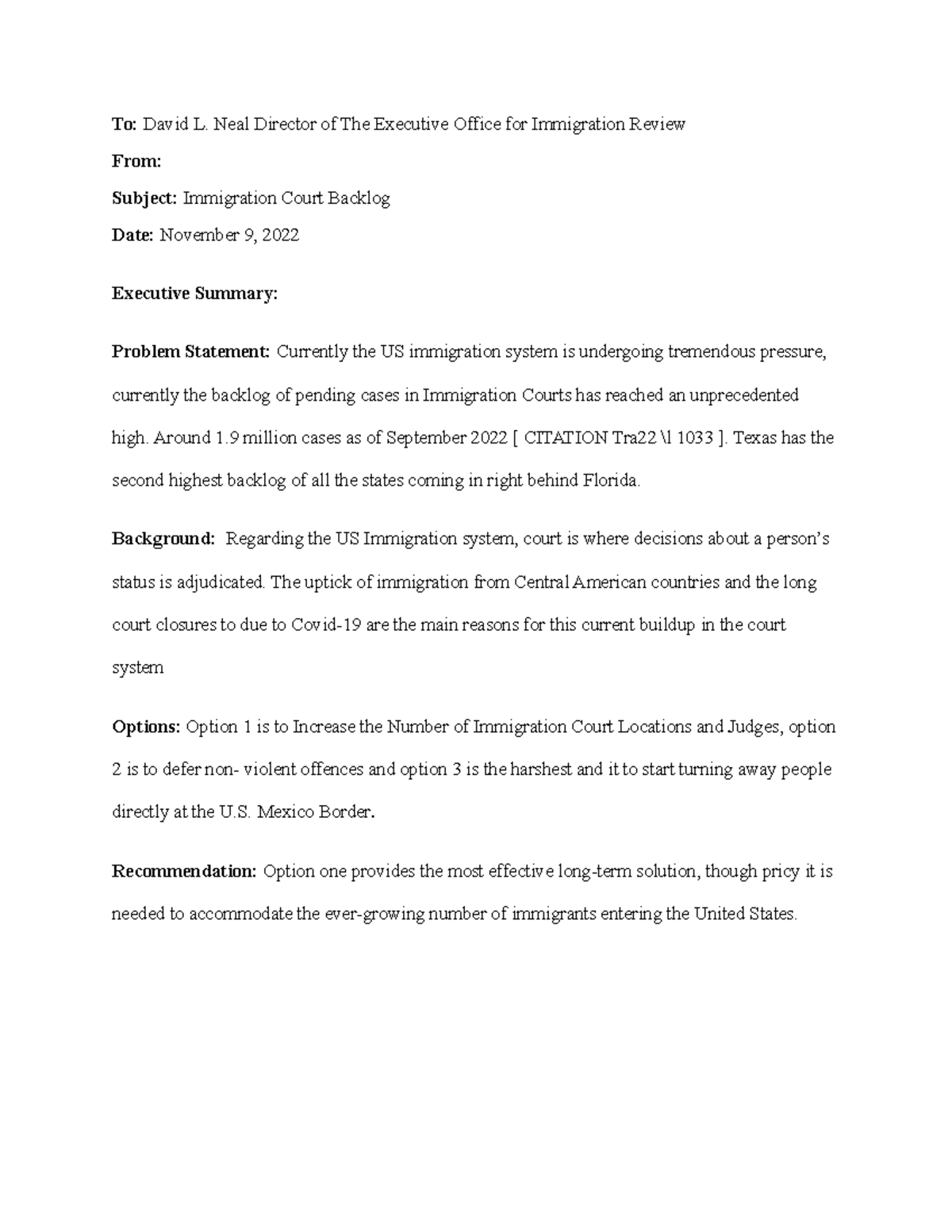 Policy Memo - To: David L. Neal Director of The Executive Office for ...