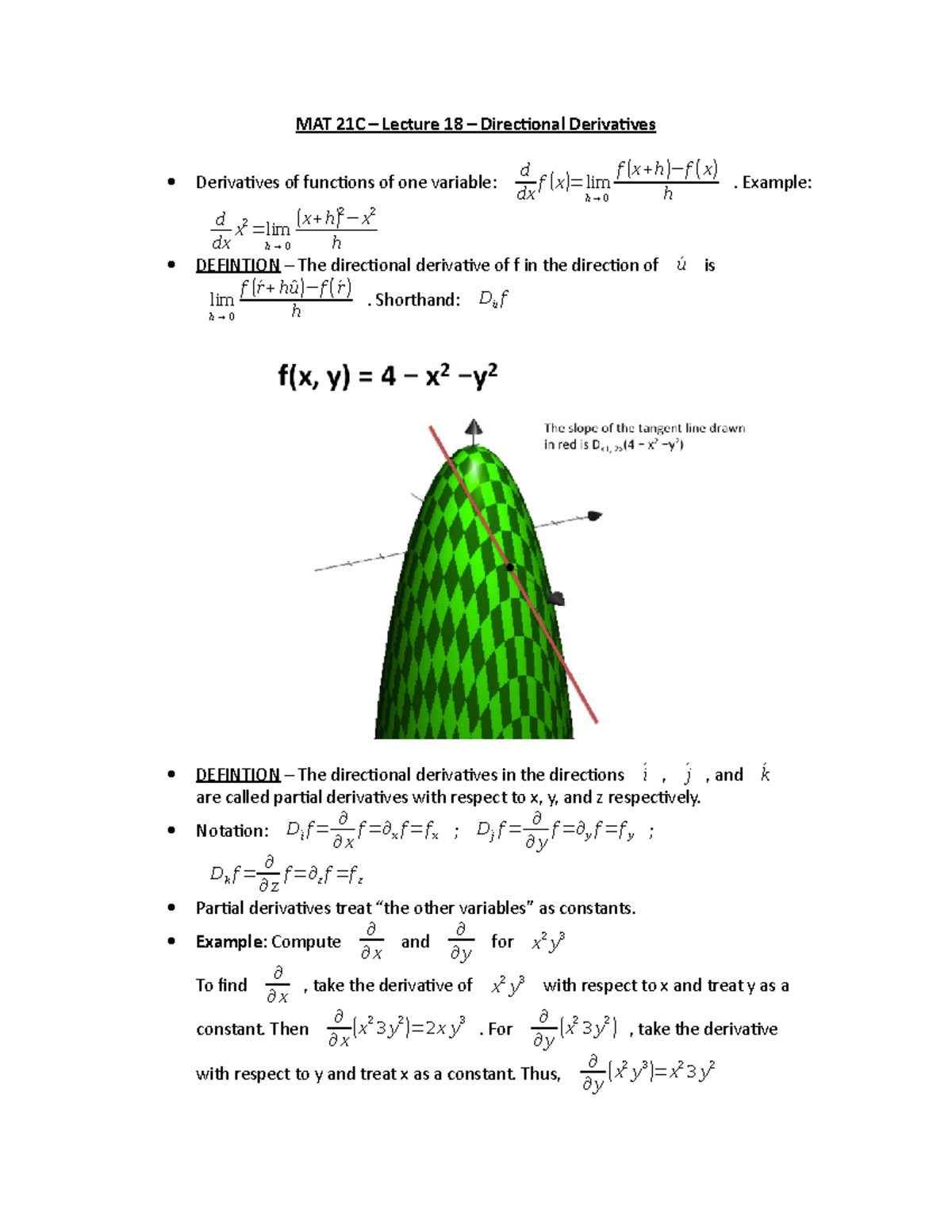 MAT 21C – Lecture 18 – Directional Derivatives - MAT 21C Lecture 18 Directional Derivatives f ...