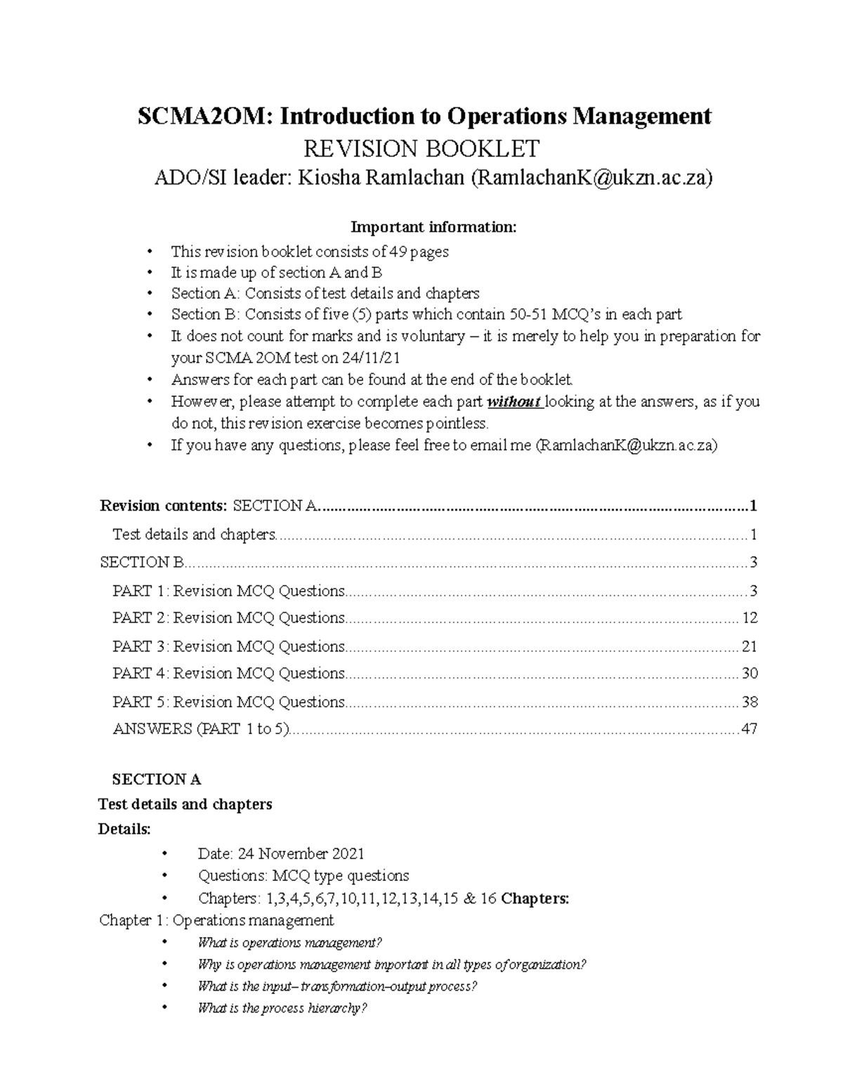Test Revision booklet - SCMA2OM: Introduction to Operations Management ...