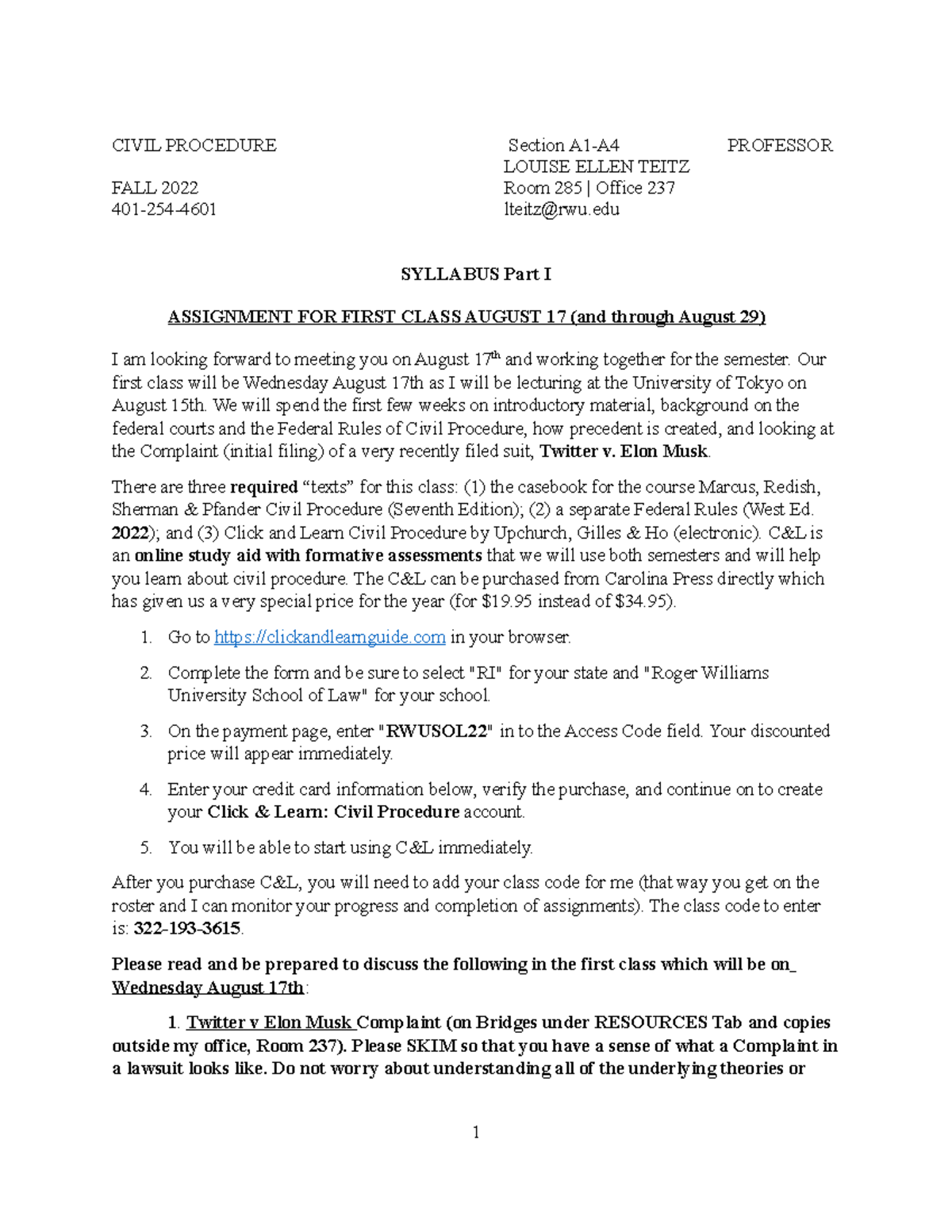 Civpro fall 2022 final syl.docx (12) - CIVIL PROCEDURE Section A1-A4 PROFESSOR LOUISE ELLEN ...