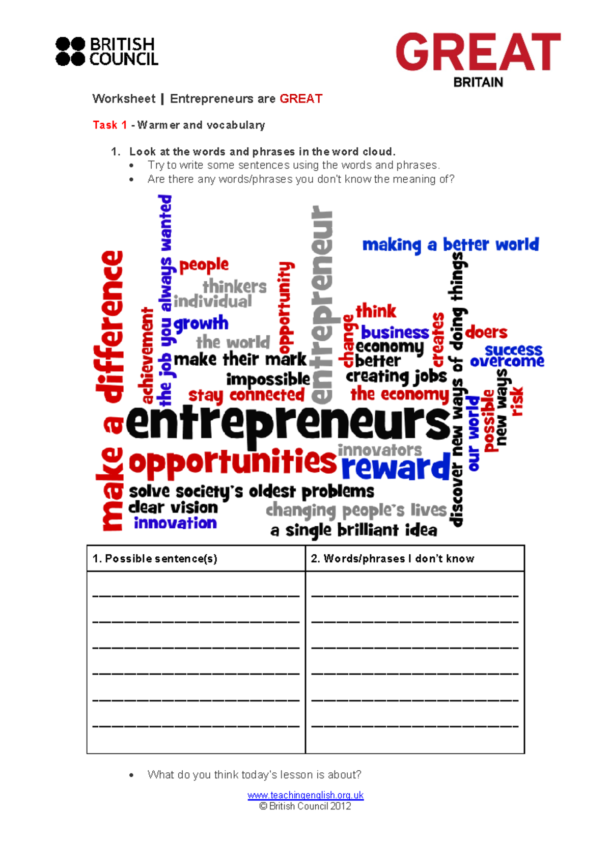 Entrepreneurs are great worksheets updated - teachingenglish.org Task 1 ...