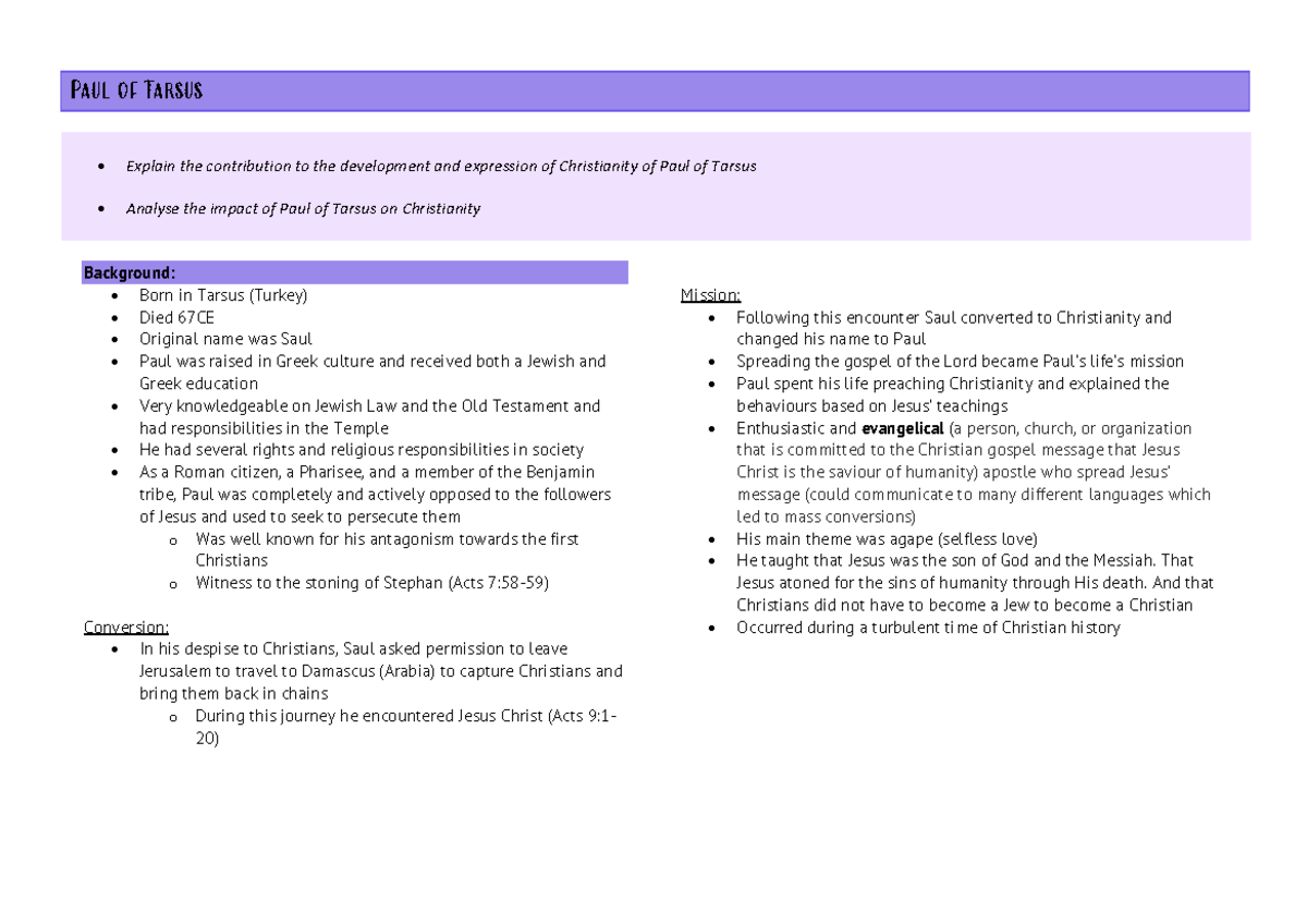 Paul of Tarsus Notes - Paul of Tarsus Explain the contribution to the ...