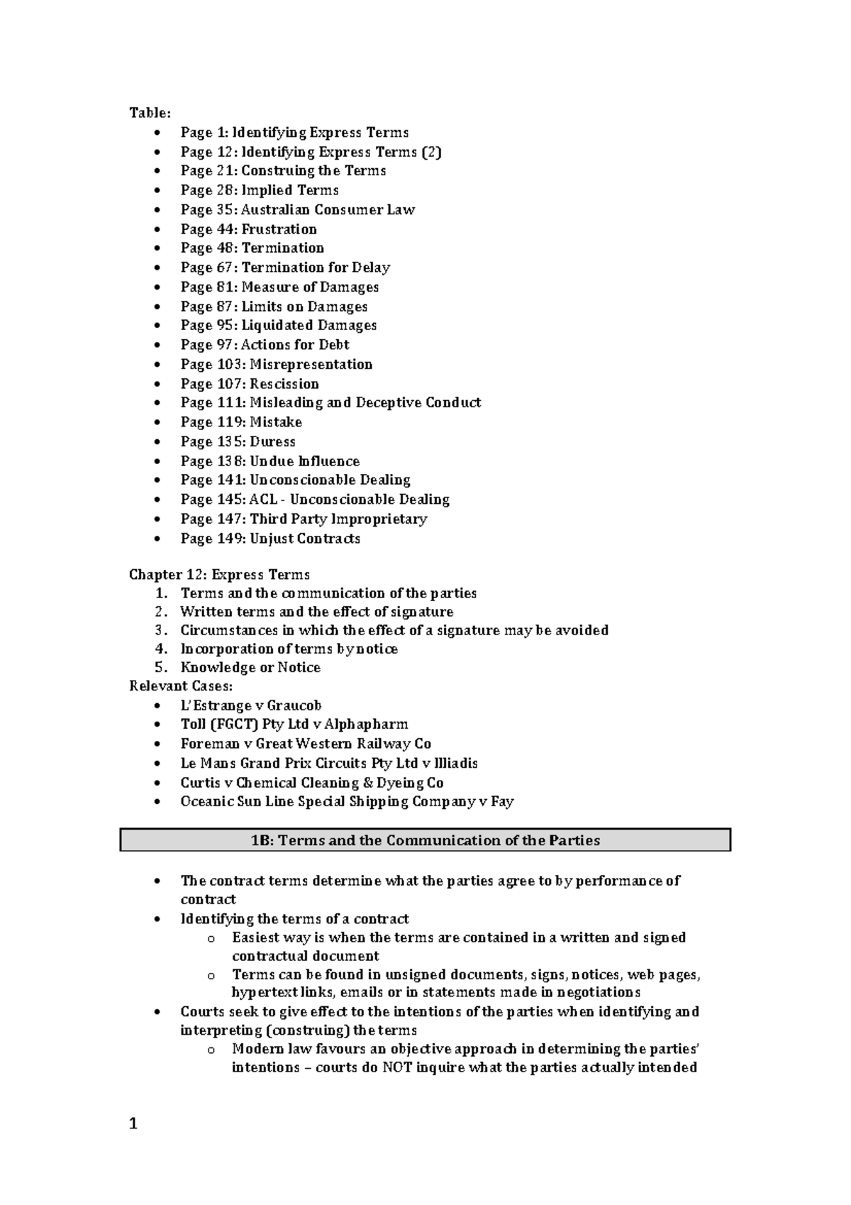 Summary Contract - Table: Page 1: Identifying Express Terms Page 12 ...