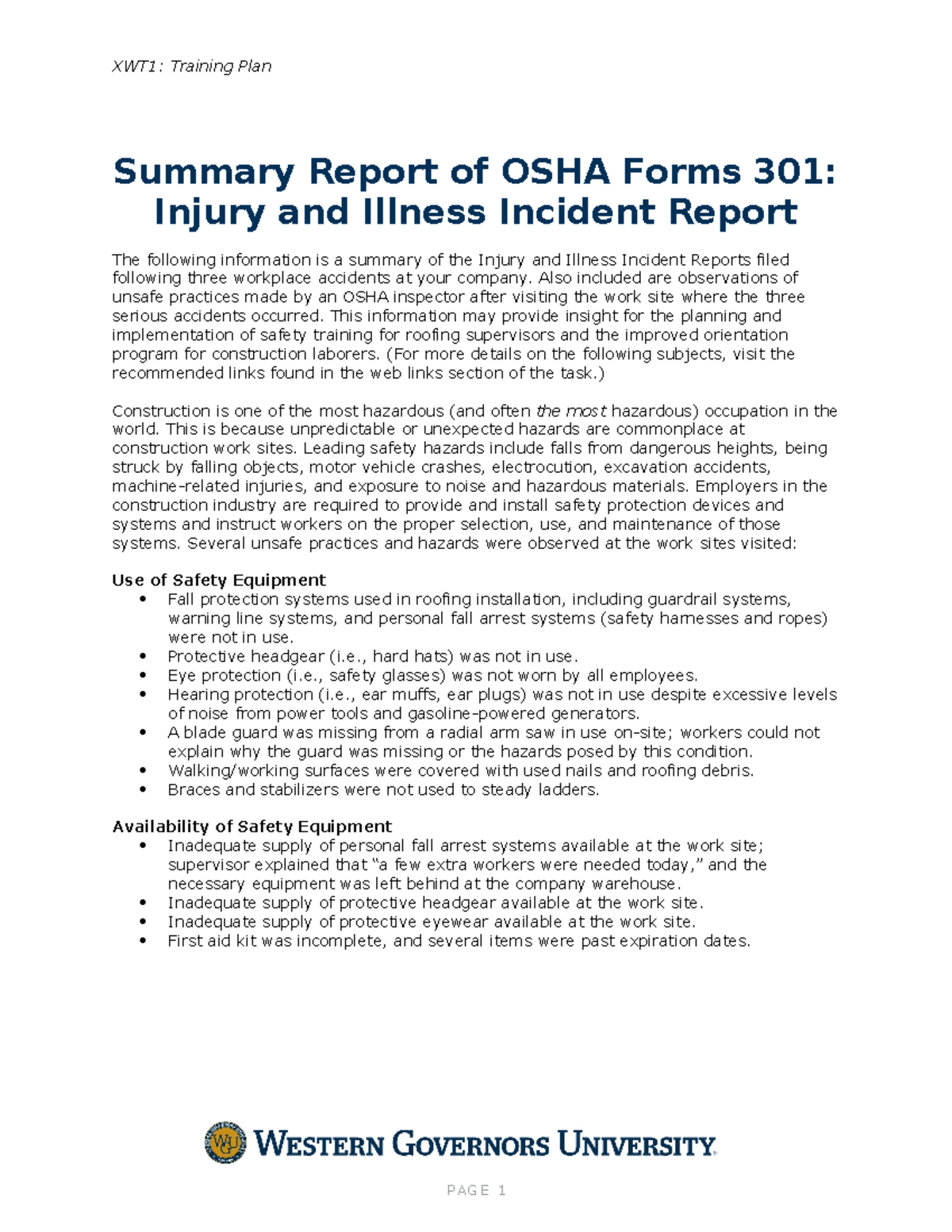 OSHA Incident Report SV4 - XWT1: Training Plan Summary Report of OSHA ...