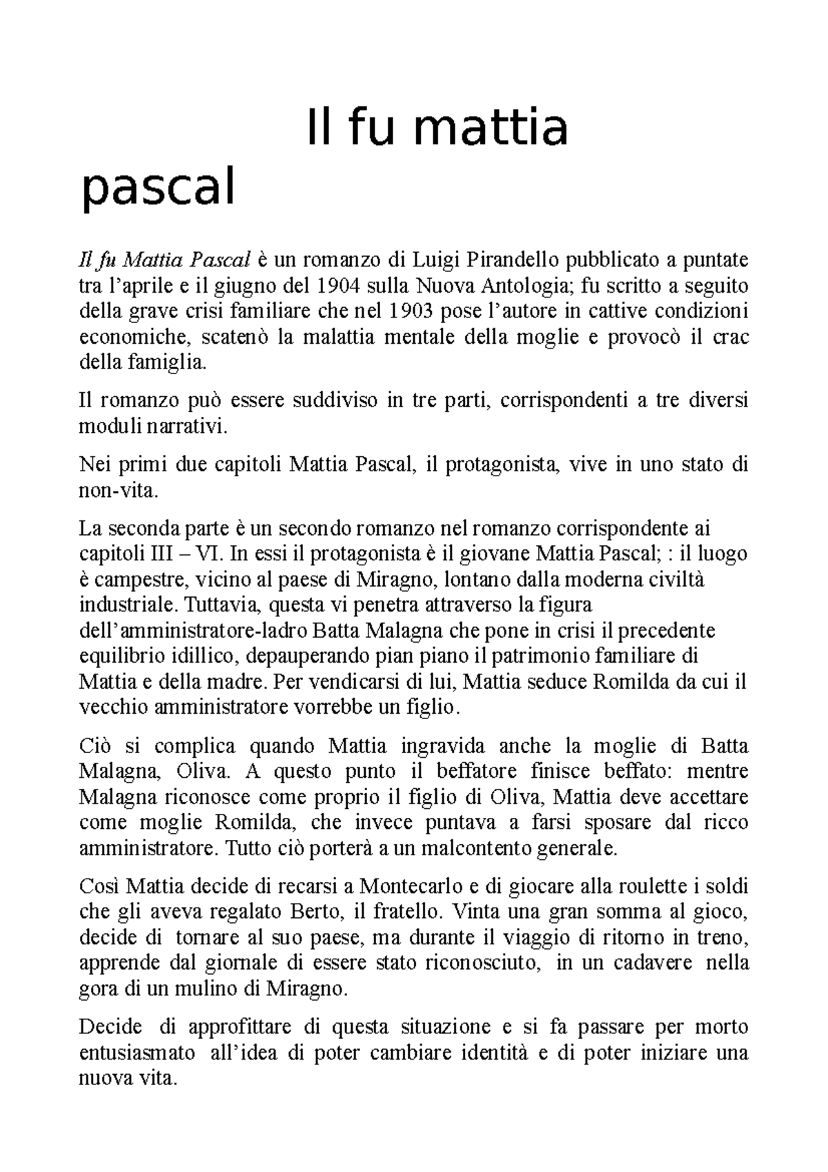 Il fu mattia pascal - appunti utili - Il fu mattia pascal Il fu Mattia ...
