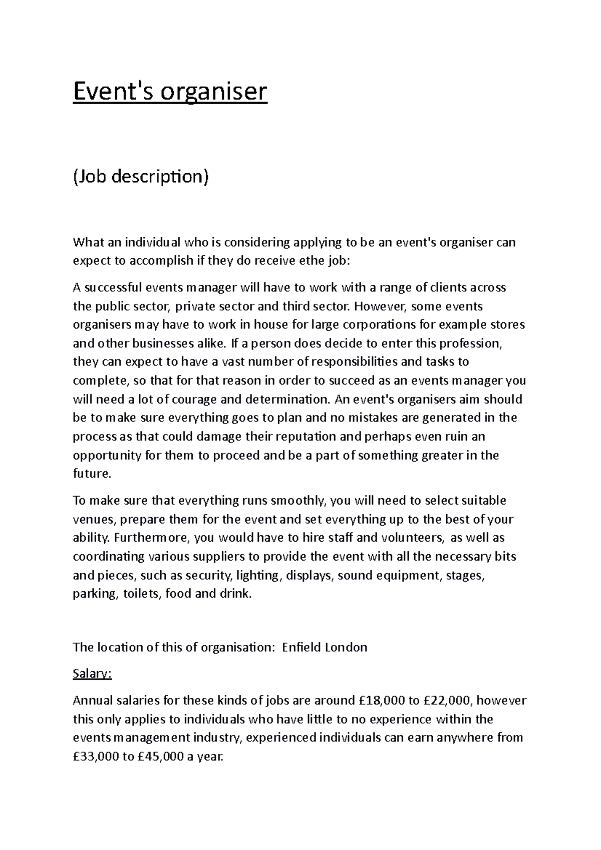 Job description for events organiser - Event's organiser (Job ...