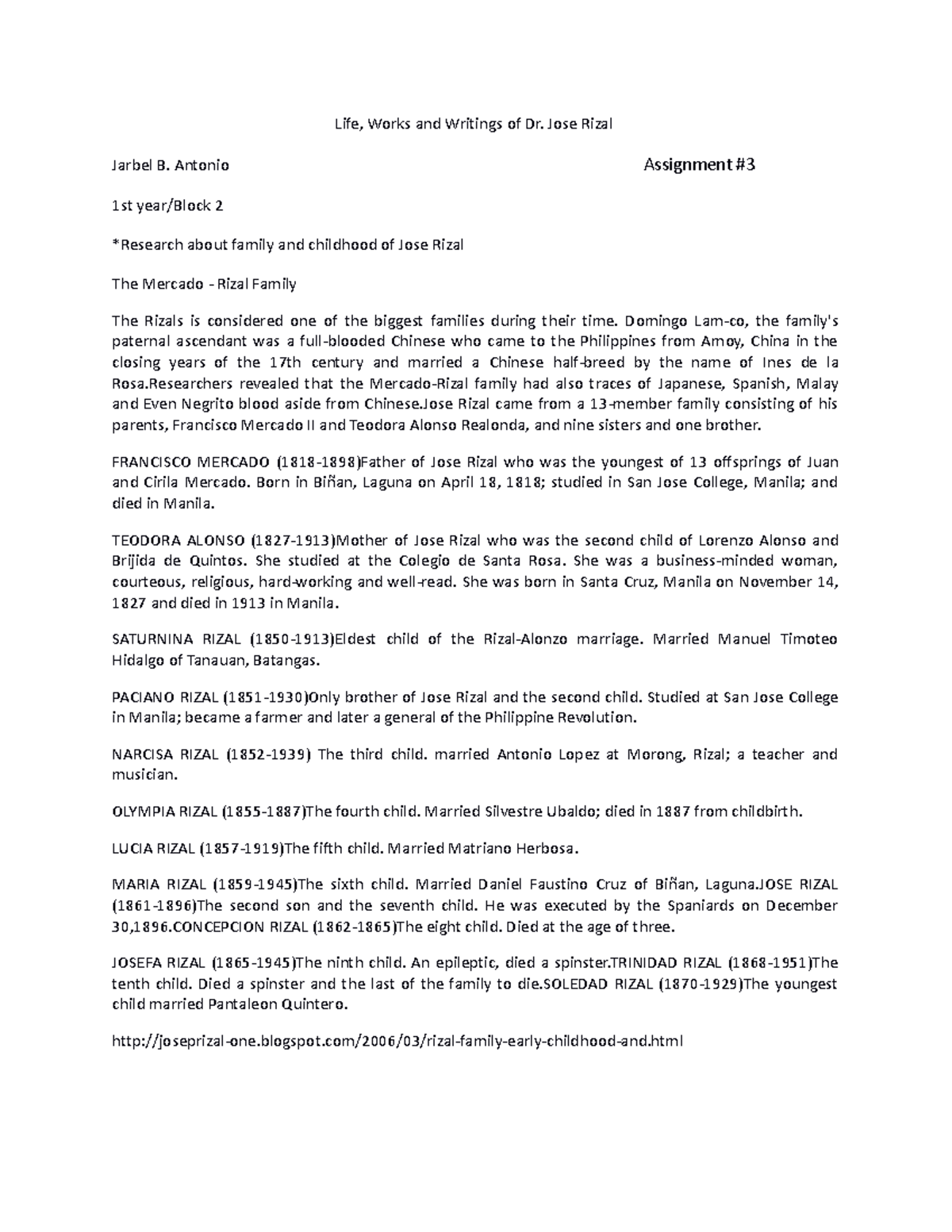 Antonio Rizal Law Ass#3 - Life, Works and Writings of Dr. Jose Rizal ...