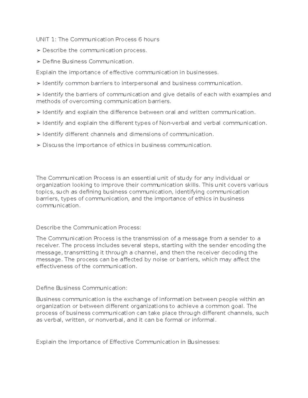 Business Communictaion - UNIT 1: The Communication Process 6 hours ...