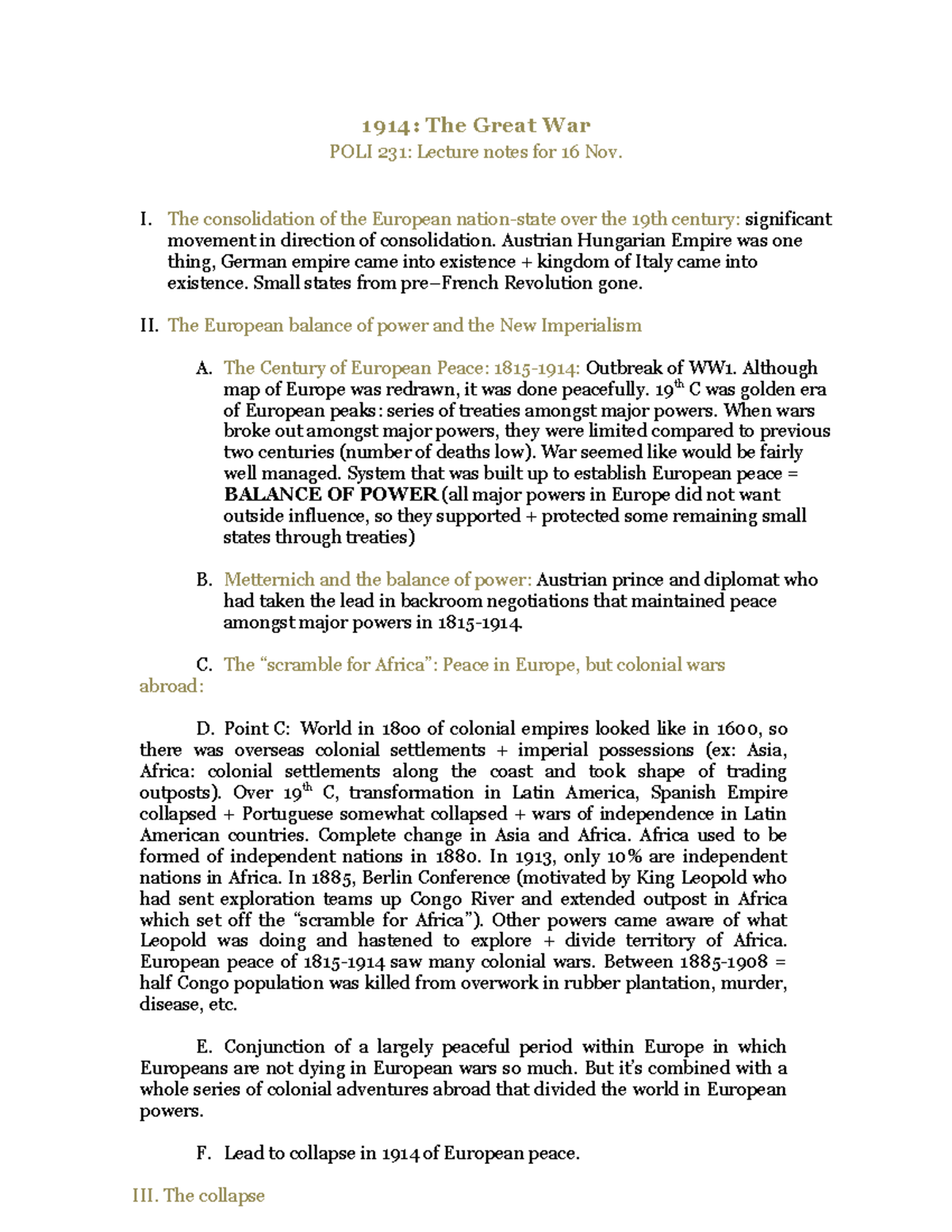 Lecture 22 - 1914: The Great War POLI 231: Lecture notes for 16 Nov. I ...