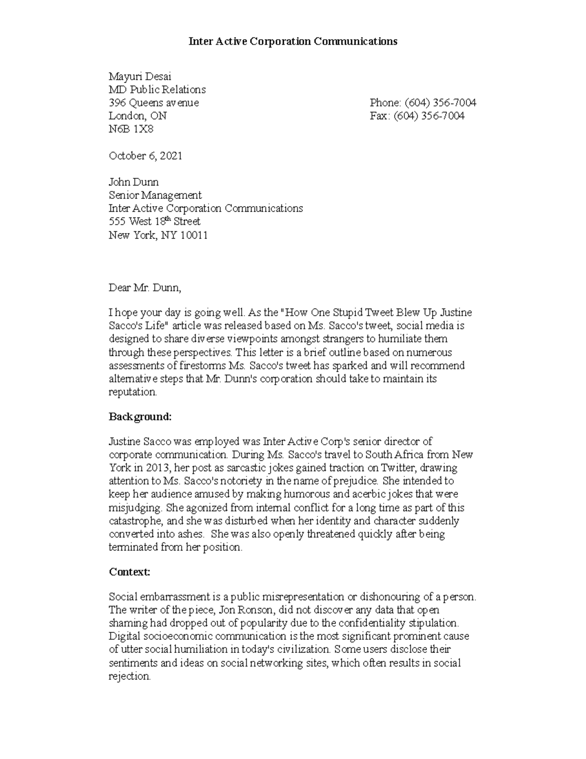 Social Media Indirect letter - COMM-6019 - Fanshawe - Studocu